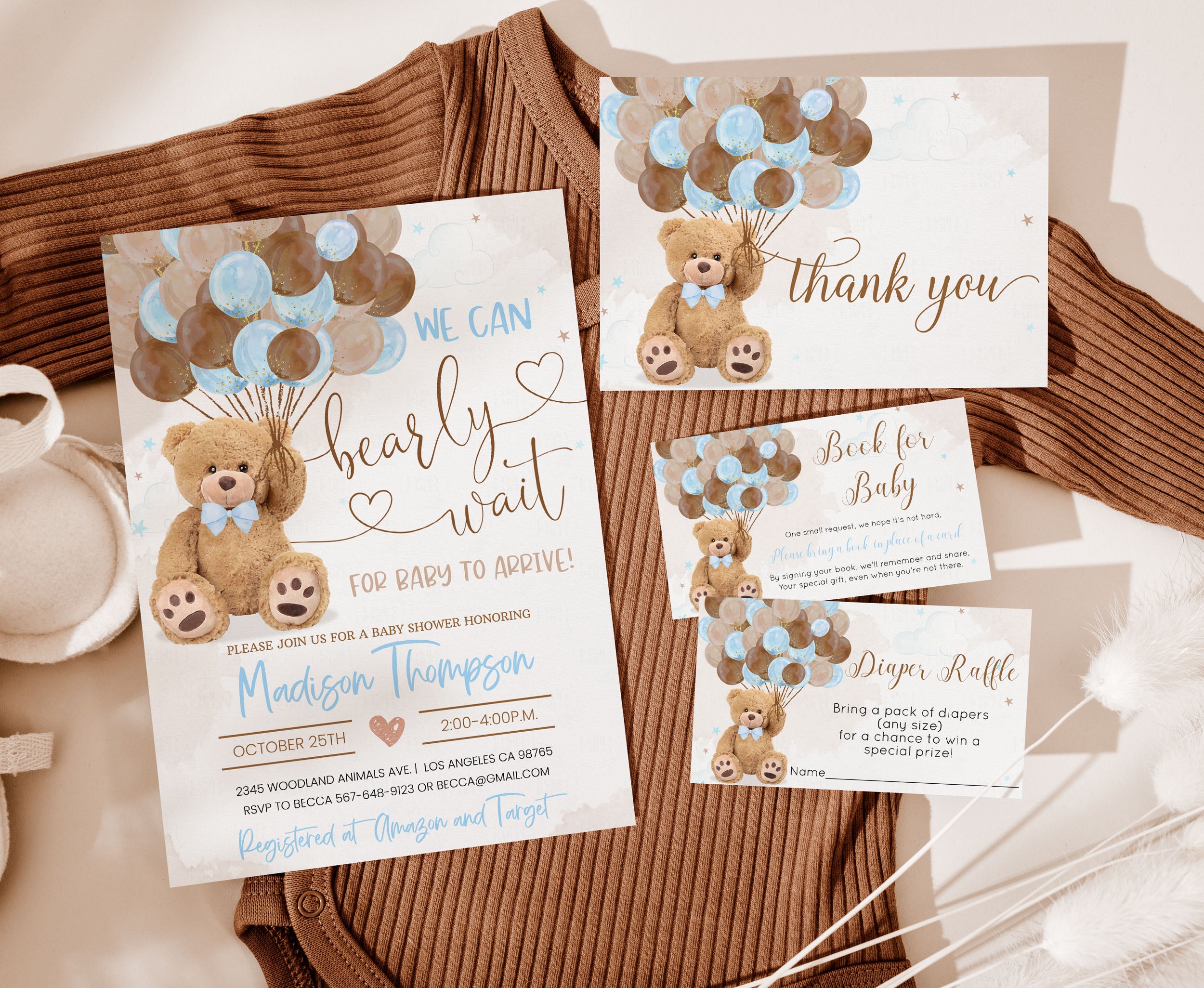 Editable Teddy Bear Baby Shower Invitation Set – easilyparty