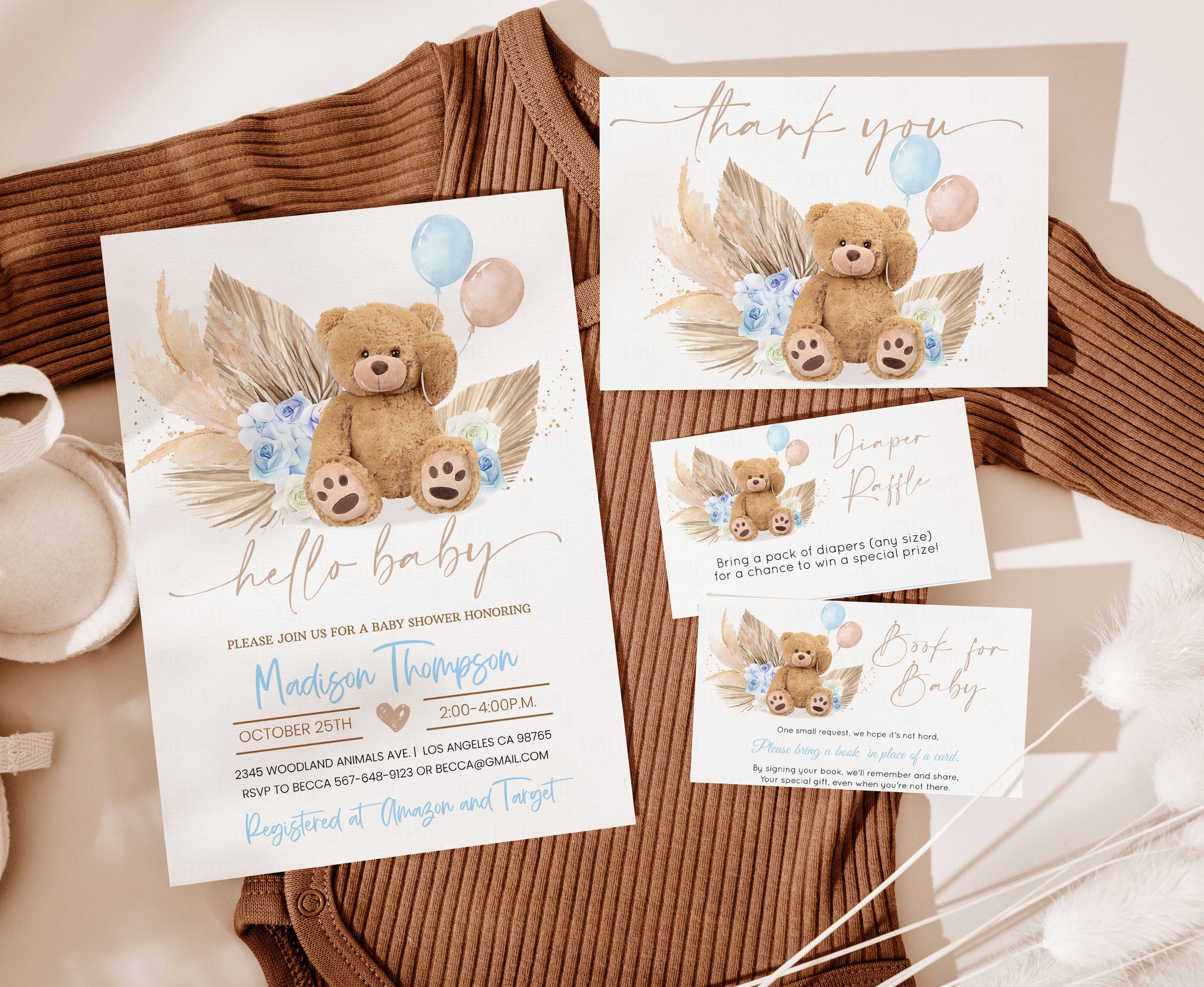 Editable Teddy Bear Baby Shower Invitation Set – easilyparty